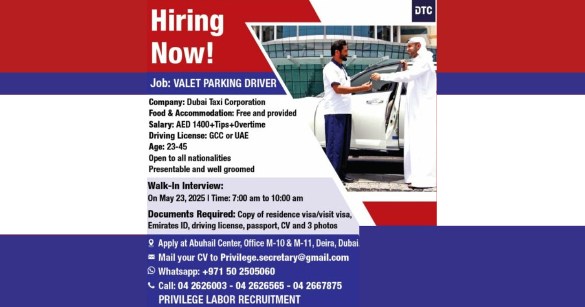 Walk In Interviews For Driver – Valet Parking Job at Dubai Taxi Corporation on 23rd May 2025 ...